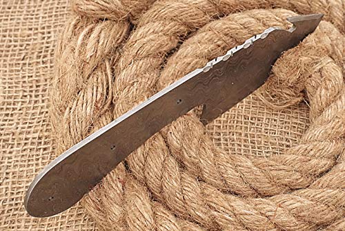 8 inches long hand forged spear point gut hook skinning knife blade, knife making supplies, Damascus steel blank blade Pocket knife with 3 Pin hole, 3.5 inches cutting edge, 4.25" scale space