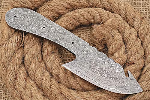 8 inches long hand forged spear point gut hook skinning knife blade, knife making supplies, Damascus steel blank blade Pocket knife with 3 Pin hole, 3.5 inches cutting edge, 4.25" scale space