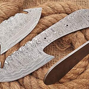 8 inches long hand forged spear point gut hook skinning knife blade, knife making supplies, Damascus steel blank blade Pocket knife with 3 Pin hole, 3.5 inches cutting edge, 4.25" scale space