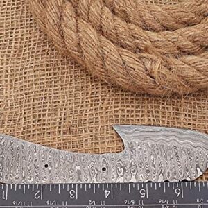 8 inches long hand forged spear point gut hook skinning knife blade, knife making supplies, Damascus steel blank blade Pocket knife with 3 Pin hole, 3.5 inches cutting edge, 4.25" scale space