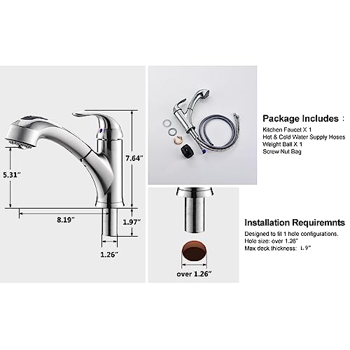 Kitchen Faucet with Sprayer, Brushed Nickel Kitchen Sink Faucet with Pull Out Sprayer, Single Handle 1 Hole Kitchen Faucet Solid Brass Commercial RV Kitchen Faucet 2 Modes & 150°Rotation & No Lead