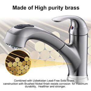 Kitchen Faucet with Sprayer, Brushed Nickel Kitchen Sink Faucet with Pull Out Sprayer, Single Handle 1 Hole Kitchen Faucet Solid Brass Commercial RV Kitchen Faucet 2 Modes & 150°Rotation & No Lead