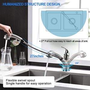 Kitchen Faucet with Sprayer, Brushed Nickel Kitchen Sink Faucet with Pull Out Sprayer, Single Handle 1 Hole Kitchen Faucet Solid Brass Commercial RV Kitchen Faucet 2 Modes & 150°Rotation & No Lead