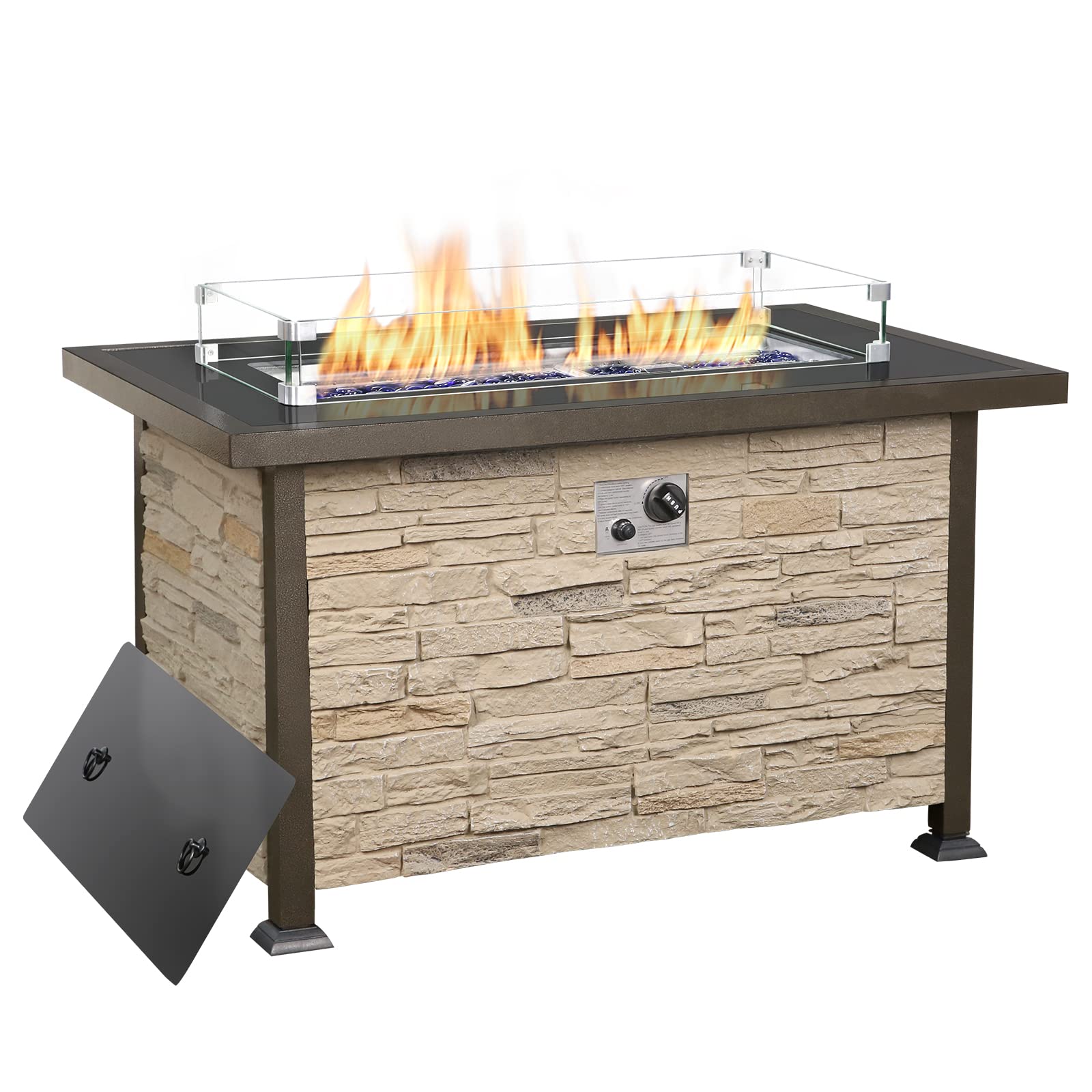 U-MAX Outdoor Propane Gas Fire Pit Table, 44 Inch 50,000 BTU Gas Auto-Ignition Rectangle Firepit for Patio with Brown Faux Stone Surface,Tempered Glass Lid & Glass Stone Rock CSA Certification