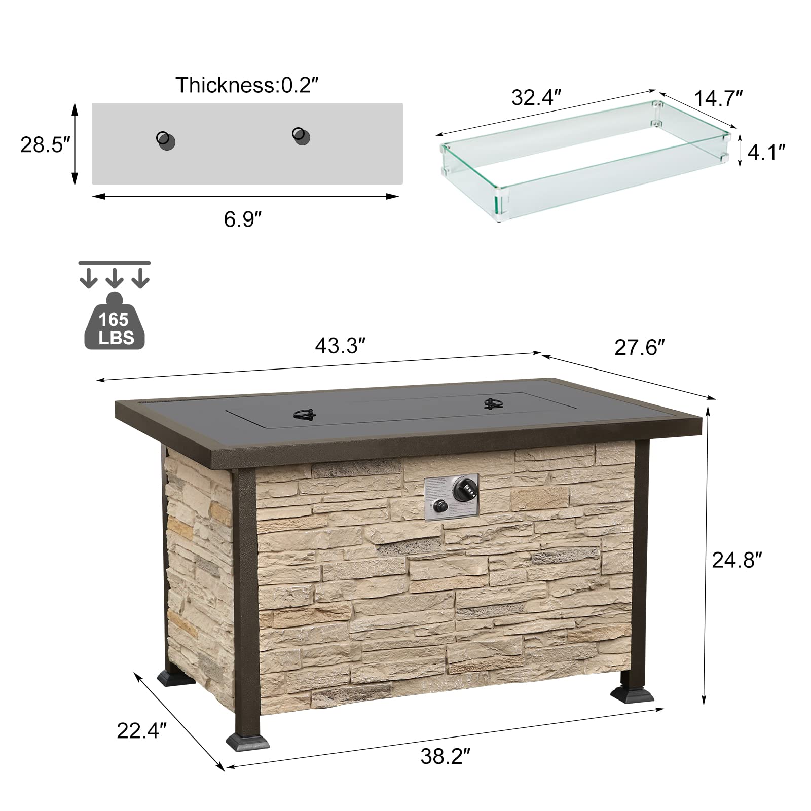 U-MAX Outdoor Propane Gas Fire Pit Table, 44 Inch 50,000 BTU Gas Auto-Ignition Rectangle Firepit for Patio with Brown Faux Stone Surface,Tempered Glass Lid & Glass Stone Rock CSA Certification