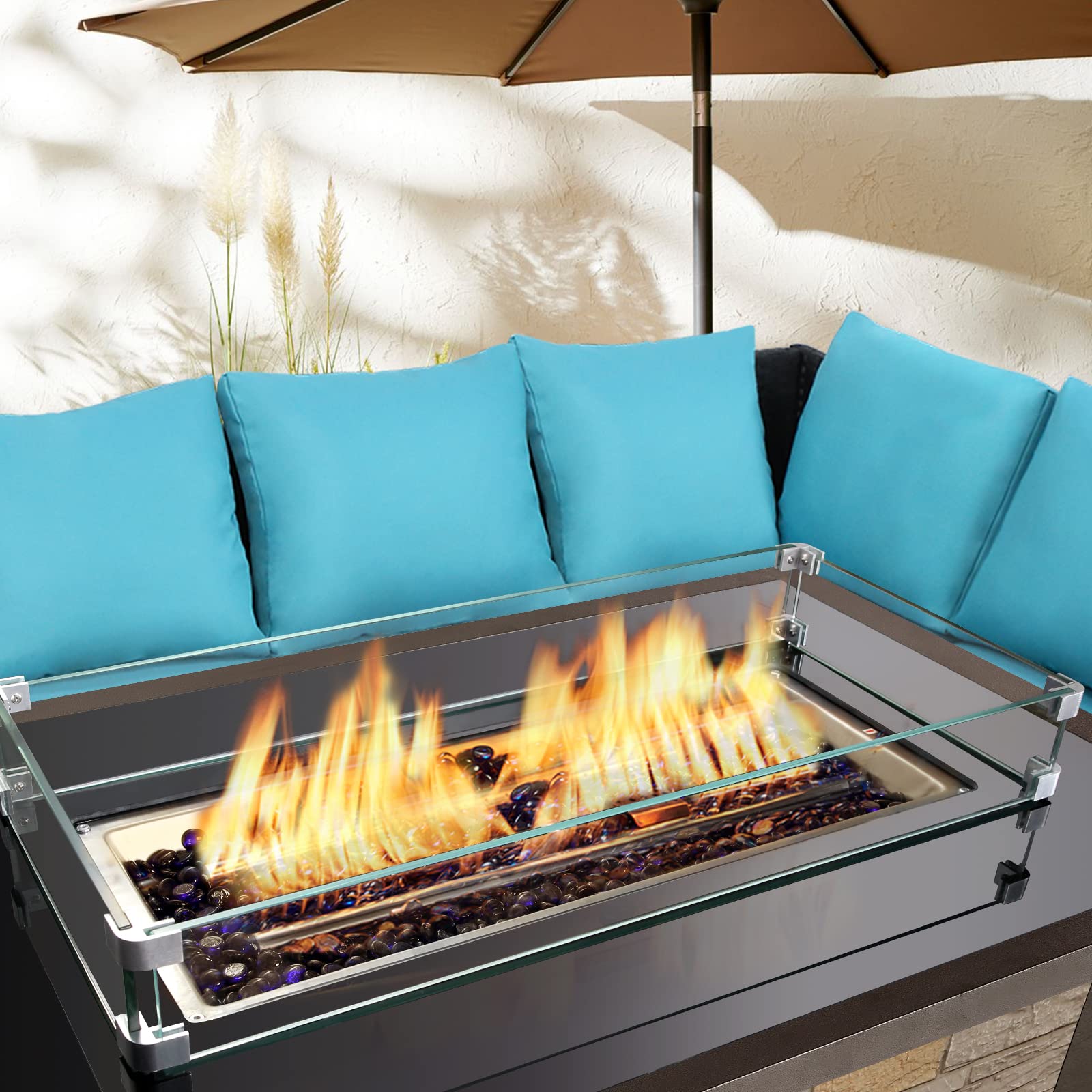 U-MAX Outdoor Propane Gas Fire Pit Table, 44 Inch 50,000 BTU Gas Auto-Ignition Rectangle Firepit for Patio with Brown Faux Stone Surface,Tempered Glass Lid & Glass Stone Rock CSA Certification