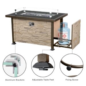 U-MAX Outdoor Propane Gas Fire Pit Table, 44 Inch 50,000 BTU Gas Auto-Ignition Rectangle Firepit for Patio with Brown Faux Stone Surface,Tempered Glass Lid & Glass Stone Rock CSA Certification