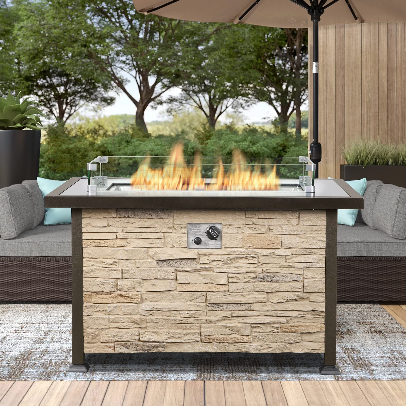 U-MAX Outdoor Propane Gas Fire Pit Table, 44 Inch 50,000 BTU Gas Auto-Ignition Rectangle Firepit for Patio with Brown Faux Stone Surface,Tempered Glass Lid & Glass Stone Rock CSA Certification