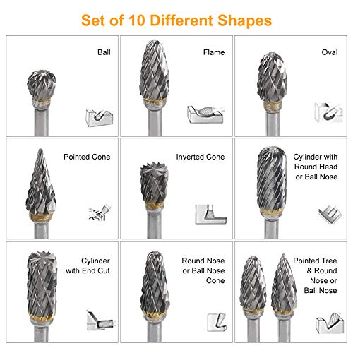 TianTac Tungsten Carbide Rotary Burr Set 10pcs, Carving Burr Bits, with 3mm Shank 6mm Bit for Wood & Stone Carving, Steel Metal Working