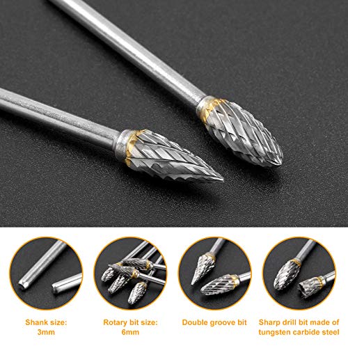 TianTac Tungsten Carbide Rotary Burr Set 10pcs, Carving Burr Bits, with 3mm Shank 6mm Bit for Wood & Stone Carving, Steel Metal Working