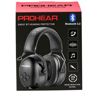 prohear 037 bluetooth 5.0 hearing protection headphones with rechargeable 1100mah battery, 25db nrr safety noise reduction ear muffs 40h playtime for mowing, workshops, snowblowing - black