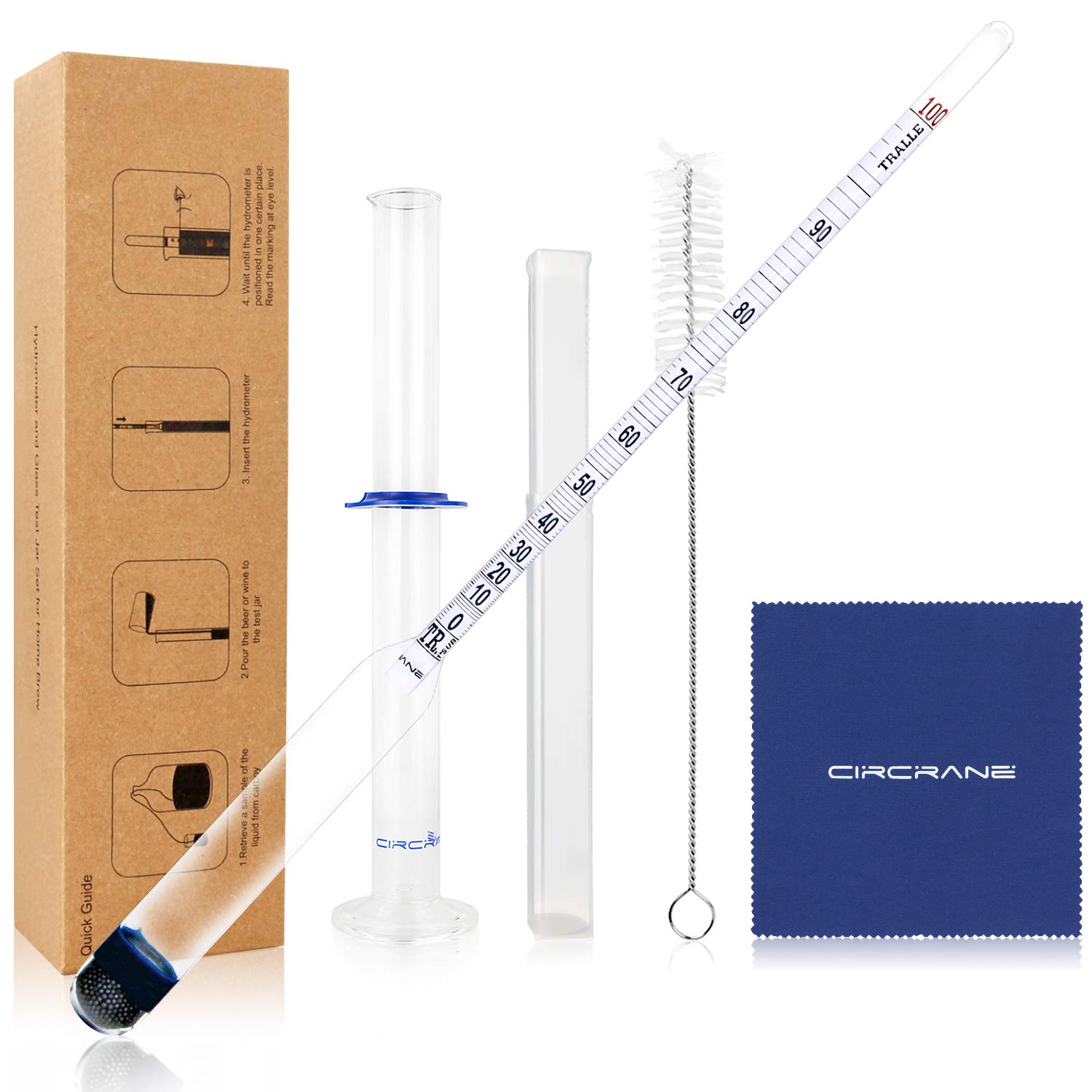 Circrane 0-200 Proof & Tralle Alcohol Hydrometer with Glass Test Jar Kit, Accurate Tester & Glass Cylinder for Liquor, Distilling Moonshine Alcoholmeter Set