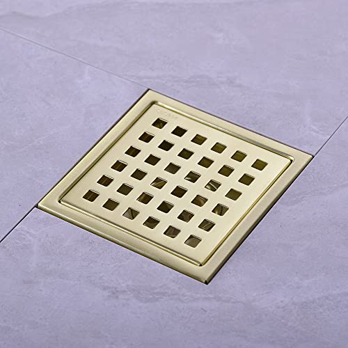 Square Shower Drain 4 inch, Nicmondo Floor Waste Drain Point Center with Removable Grate Cover, 304 Stainless Steel, 11cm x 11cm, PVD Brushed Gold