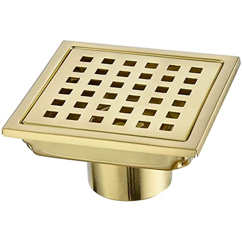 Square Shower Drain 4 inch, Nicmondo Floor Waste Drain Point Center with Removable Grate Cover, 304 Stainless Steel, 11cm x 11cm, PVD Brushed Gold