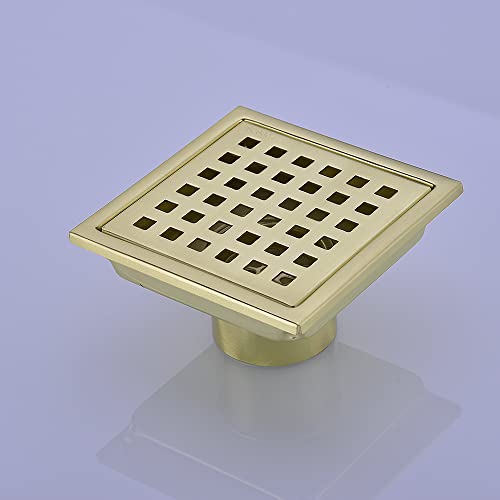 Square Shower Drain 4 inch, Nicmondo Floor Waste Drain Point Center with Removable Grate Cover, 304 Stainless Steel, 11cm x 11cm, PVD Brushed Gold