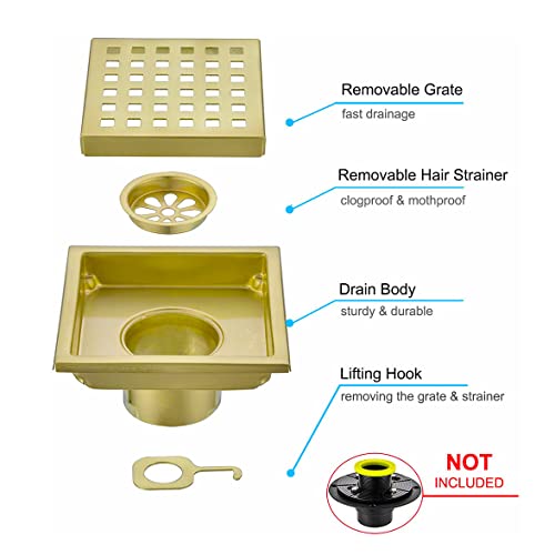 Square Shower Drain 4 inch, Nicmondo Floor Waste Drain Point Center with Removable Grate Cover, 304 Stainless Steel, 11cm x 11cm, PVD Brushed Gold