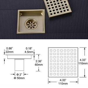 Square Shower Drain 4 inch, Nicmondo Floor Waste Drain Point Center with Removable Grate Cover, 304 Stainless Steel, 11cm x 11cm, PVD Brushed Gold