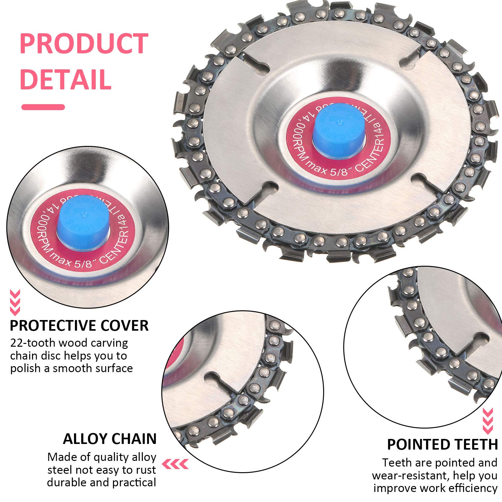 4 Pieces 5/8 Inch Wood Carving Chain Disc, 4 Inch 22 Teeth Saw Blade with 3 Pieces Replacement Circlets for Grinder Chain Disc Grinding Shaping Attachment Circular Chainsaw Wheel (Pink Center)