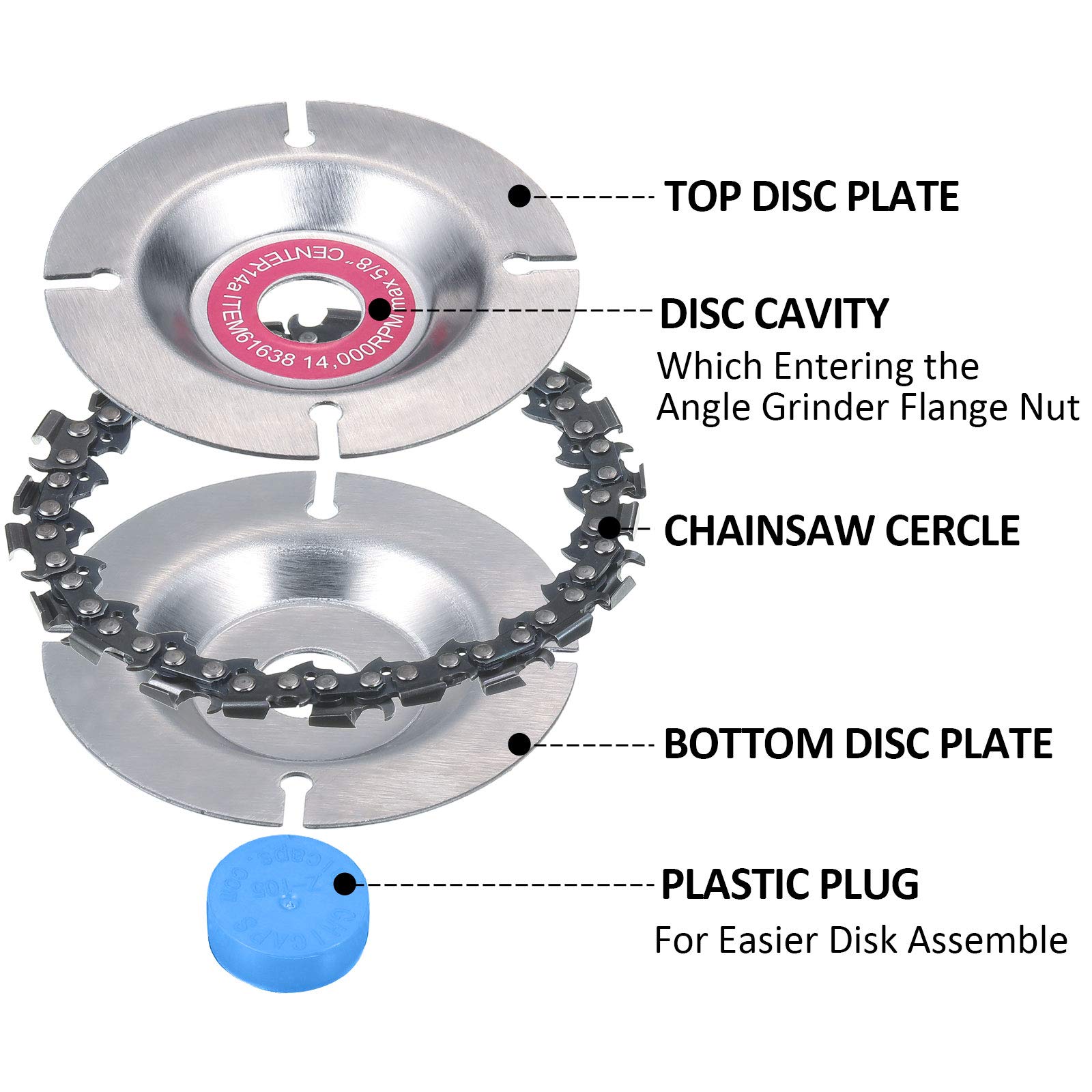 4 Pieces 5/8 Inch Wood Carving Chain Disc, 4 Inch 22 Teeth Saw Blade with 3 Pieces Replacement Circlets for Grinder Chain Disc Grinding Shaping Attachment Circular Chainsaw Wheel (Pink Center)