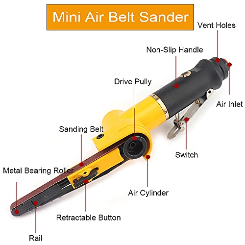 NUODUN 38 Pneumatic Sander Air Belt Sander Set With 14Pcs Belts,Include Grit 6080120,14 Air Inlet Mini Air Belt Grinder Air Tool For Aluminium, Iron, Steel Metal Polishing