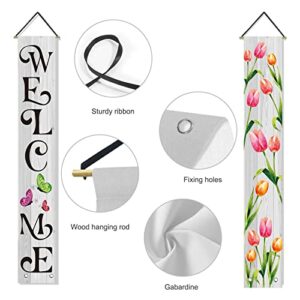 AVOIN Spring Welcome Tulip Wood Porch Sign, Butterfly Holiday Wedding Anniversary Mother's Day Hanging Banner Flag for Yard Indoor Outdoor Wedding Party 12 x 72 Inch