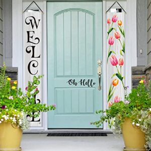 AVOIN Spring Welcome Tulip Wood Porch Sign, Butterfly Holiday Wedding Anniversary Mother's Day Hanging Banner Flag for Yard Indoor Outdoor Wedding Party 12 x 72 Inch