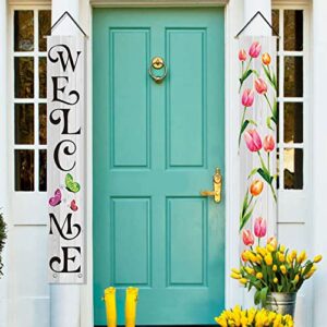 AVOIN Spring Welcome Tulip Wood Porch Sign, Butterfly Holiday Wedding Anniversary Mother's Day Hanging Banner Flag for Yard Indoor Outdoor Wedding Party 12 x 72 Inch