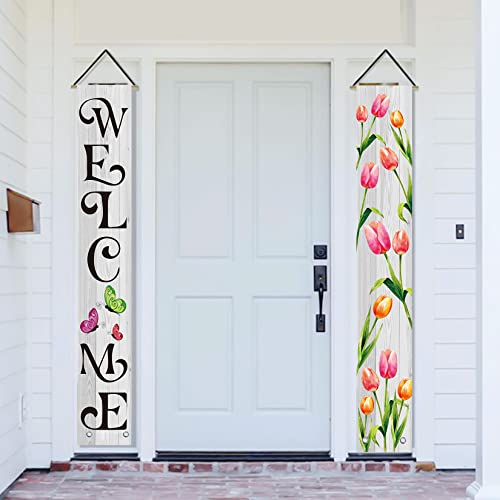 AVOIN Spring Welcome Tulip Wood Porch Sign, Butterfly Holiday Wedding Anniversary Mother's Day Hanging Banner Flag for Yard Indoor Outdoor Wedding Party 12 x 72 Inch