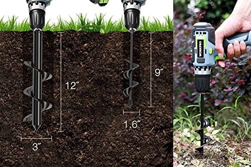 2 Pack Auger Drill Bit for Planting 3"x12" and 1.6"x9" Spiral Drill for Planting Flower Garden Auger Hex Drive Drill, Hole Digger Auger Set for 3/8” Hex Drive Drill