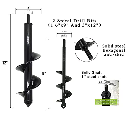 2 Pack Auger Drill Bit for Planting 3"x12" and 1.6"x9" Spiral Drill for Planting Flower Garden Auger Hex Drive Drill, Hole Digger Auger Set for 3/8” Hex Drive Drill