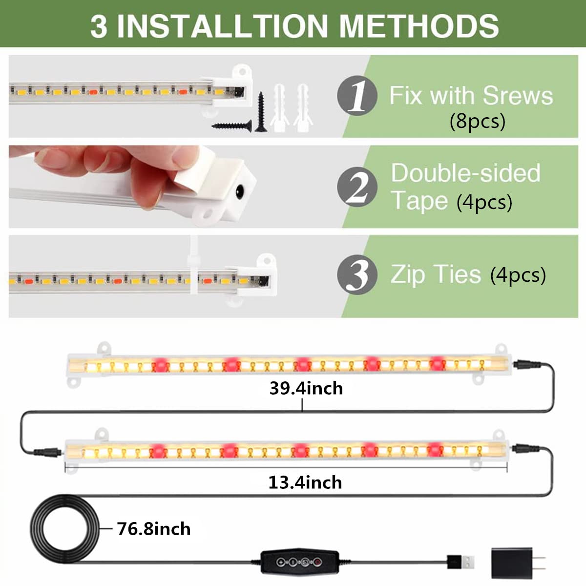 Juhefa LED Grow Light Strip Bar, 60W 3500K Sunlight Full Spectrum Heat Lamp with Red White Bulbs for Seeding Succulent Hanging Indoor Plants, Auto On/Off Timing & 5 Dimming