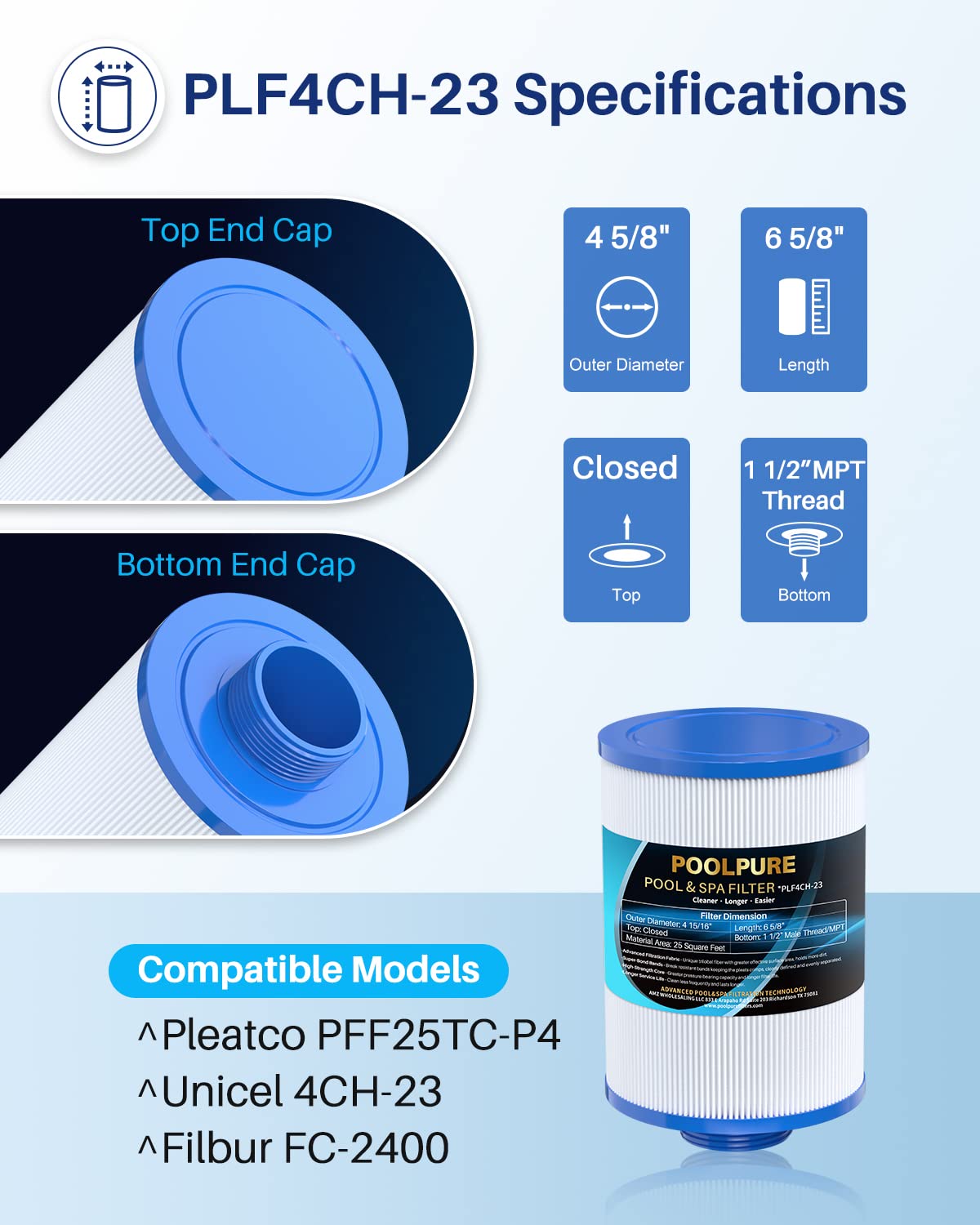 POOLPURE 4CH-23 Spa Filter Replaces PFF25TC-P4, Lifesmart 303263, 78459, Filbur FC-2400, Excel Filters XLS-442, Freeflow Lagas FF-100 CLX Claro, SD-00206, Aladdin 12536, AK-90032 Hot Tub Filter 1PACK