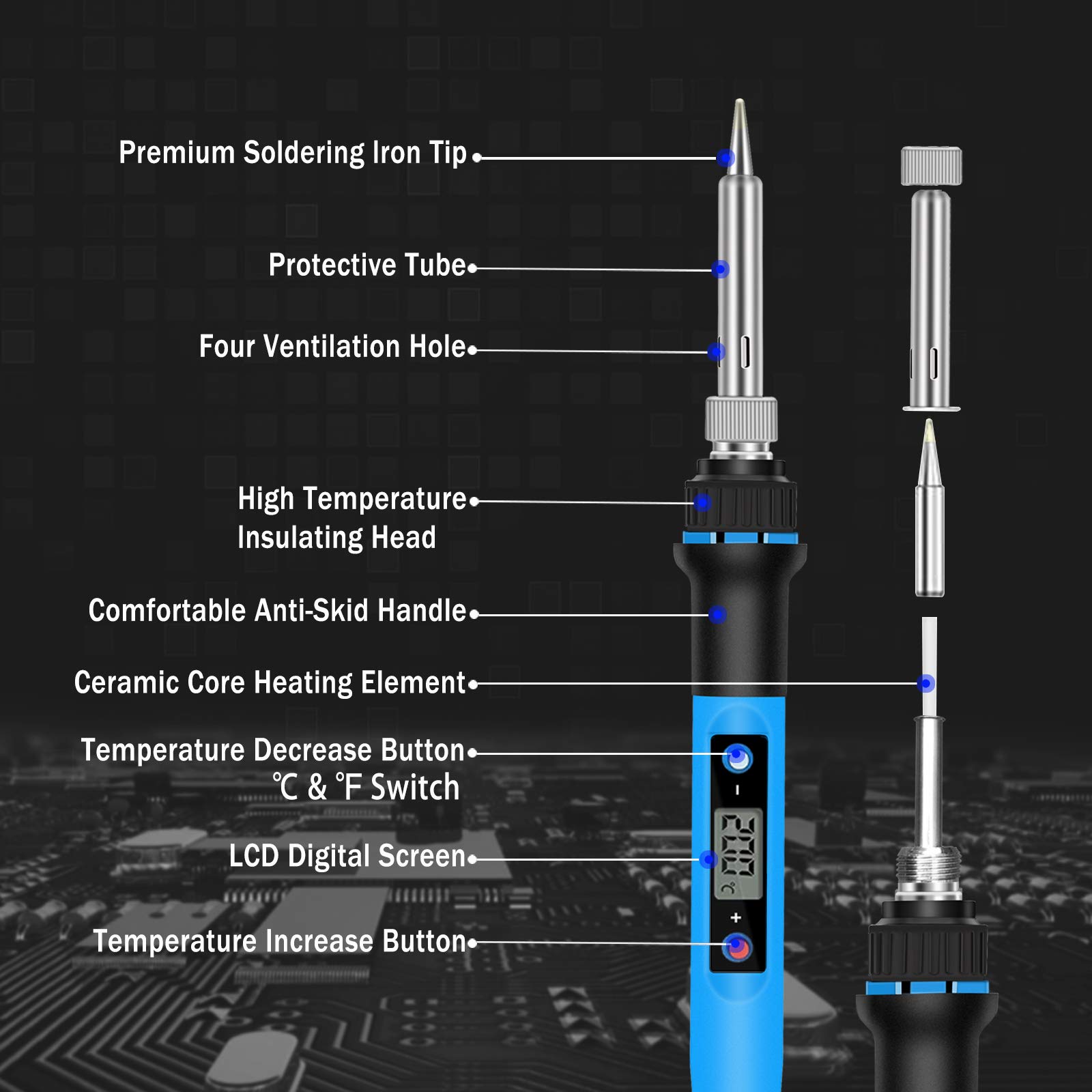 Soldering Iron Kit, 80W 110V Fast Heat up in 10s LCD Digital Adjustable Temperature Soldering Gun Thermostatic Soldering Kit for Electronic