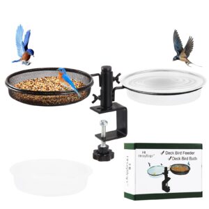 hrayltop deck bird feeders with metal mesh tray and 2 water bowls - detachable adjustable heavy duty clamp bracket, rail bird bath balcony porch railing feeder perfect for attracting birds.