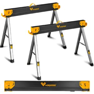 workess saw horses 2 pack folding, heavy duty sawhorse table 2600 lbs load capacity with 2x4 support legs, portable folding and fast open legs and easy grip handle for woodworking.