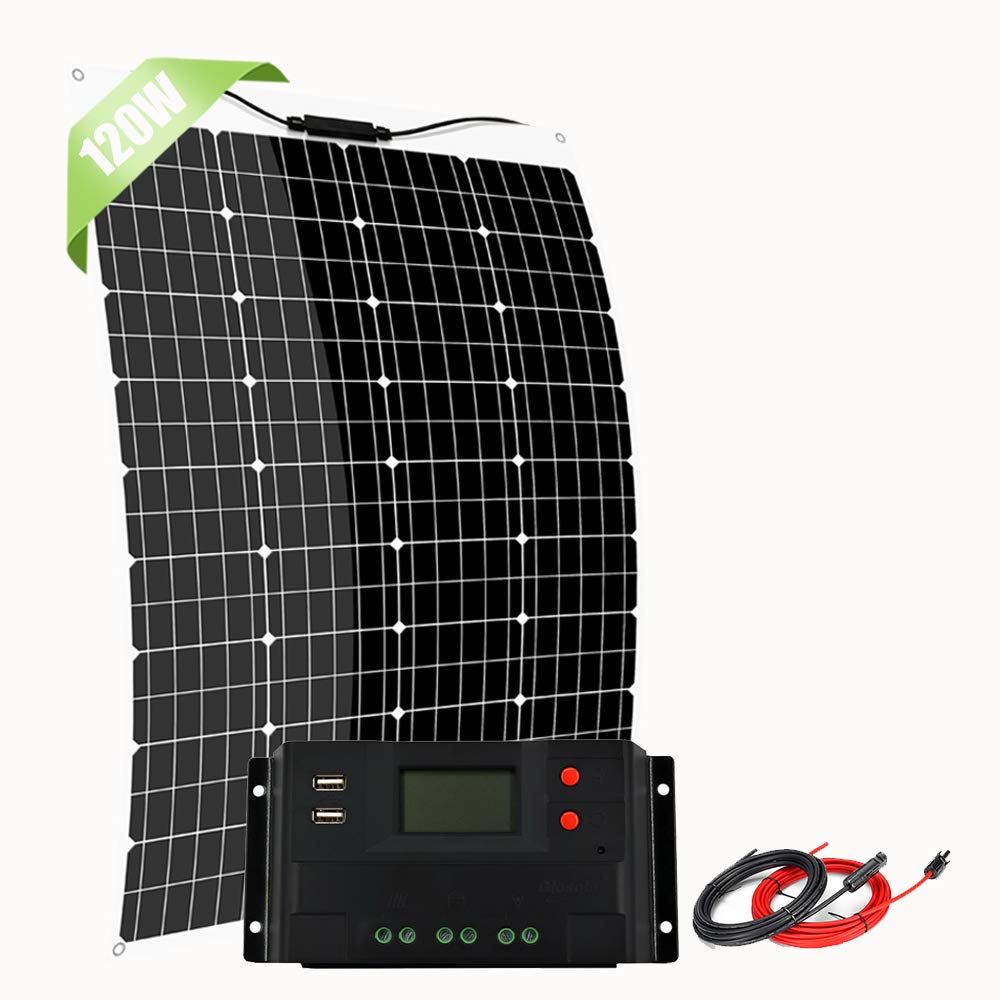 Giosolar 120W Flexible Solar Panel Kit for Truck Portable Monocrystalline Solar Module with LCD Charge Controller + Cables for 12V Battery Charging