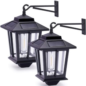 2 pack solar wall lanterns, aluminum outdoor hanging solar lights with 4 solar panels, dusk to dawn led outdoor wall sconce, anti-rust waterproof wall lanterns with hooks, 3000k warm white