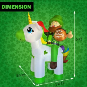 BLOWOUT FUN 6ft Inflatable St Patricks Day Leprechaun Riding Unicorn Decoration LED Blow Up Lighted Decor Indoor Outdoor Holiday Art Decor