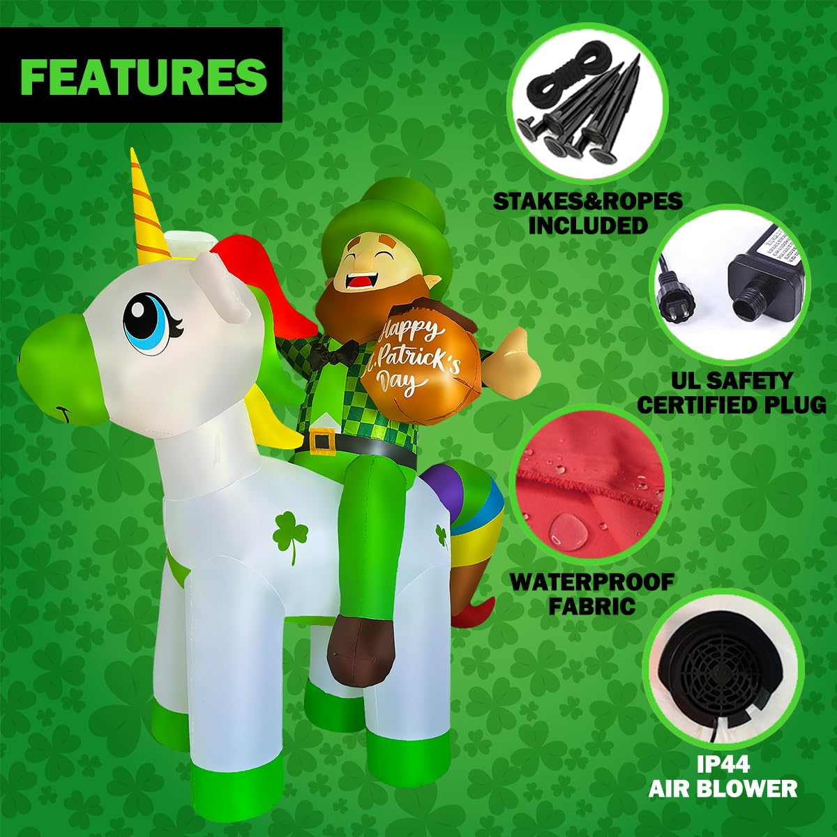 BLOWOUT FUN 6ft Inflatable St Patricks Day Leprechaun Riding Unicorn Decoration LED Blow Up Lighted Decor Indoor Outdoor Holiday Art Decor