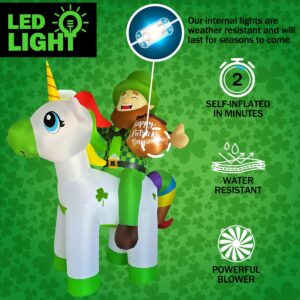 BLOWOUT FUN 6ft Inflatable St Patricks Day Leprechaun Riding Unicorn Decoration LED Blow Up Lighted Decor Indoor Outdoor Holiday Art Decor