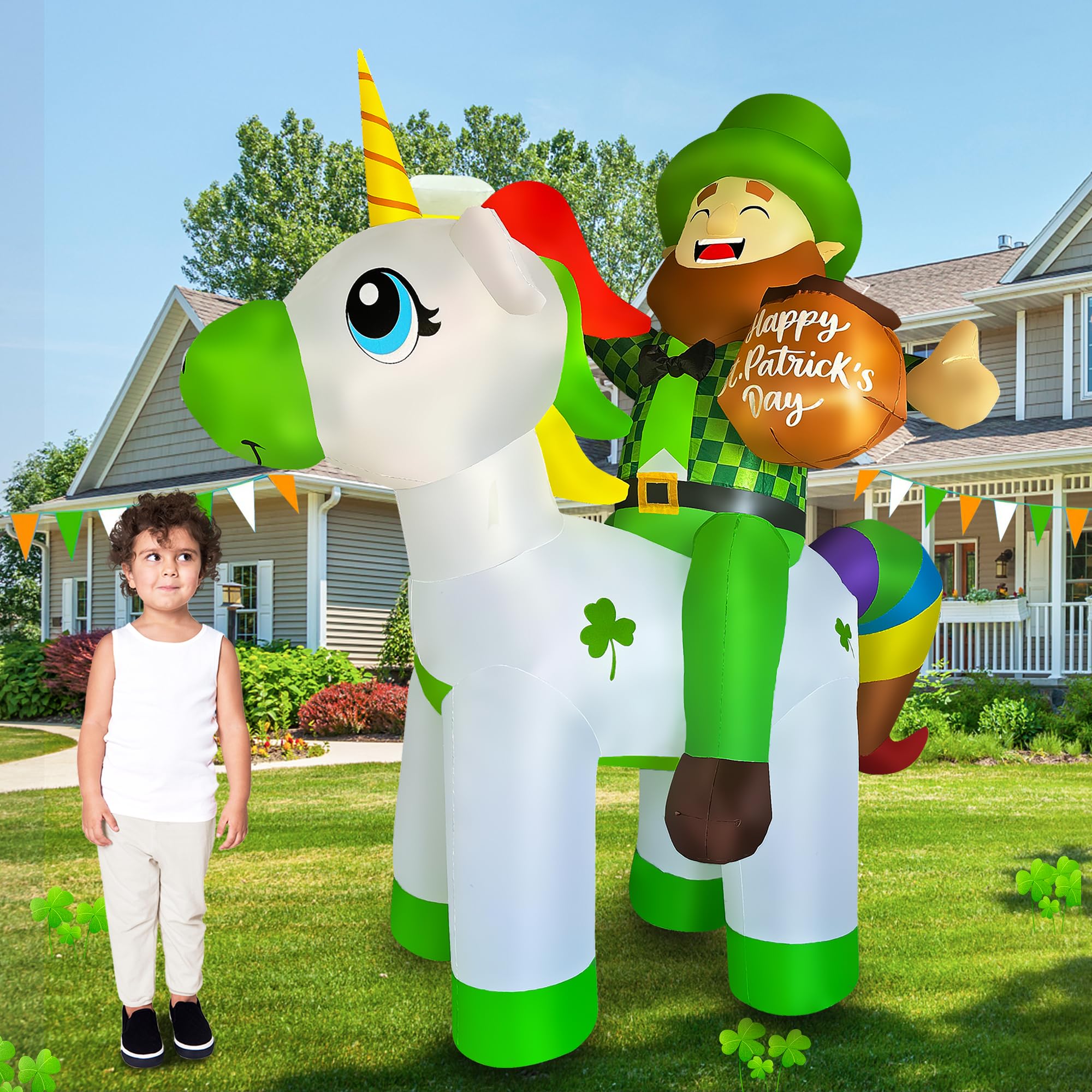 BLOWOUT FUN 6ft Inflatable St Patricks Day Leprechaun Riding Unicorn Decoration LED Blow Up Lighted Decor Indoor Outdoor Holiday Art Decor