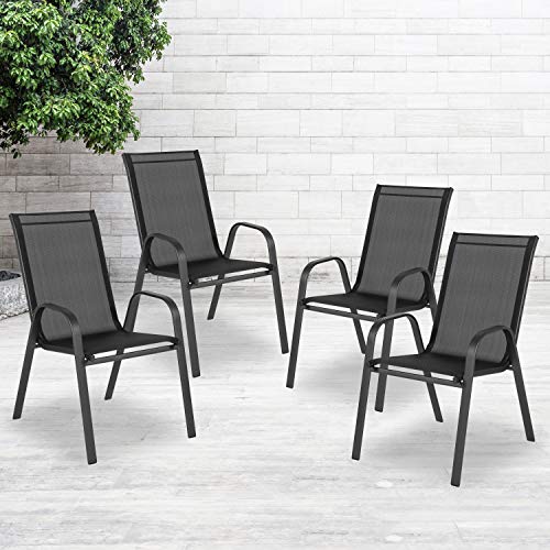 EMMA + OLIVER 4 Pack Black Outdoor Stack Chair with Flex Comfort Material - Patio Stack Chair