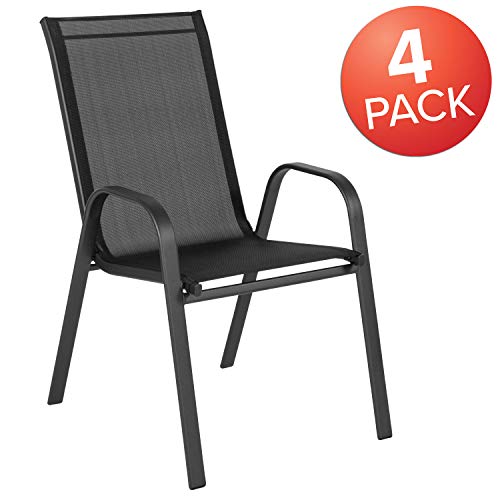 EMMA + OLIVER 4 Pack Black Outdoor Stack Chair with Flex Comfort Material - Patio Stack Chair