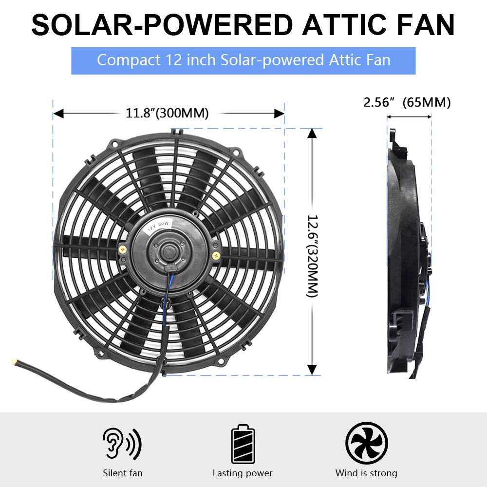 Pumplus Solar 12V DC Cooling Fan 80W Ventilator Gable Roof Vent Fan for Chicken Coop/Attic/Greenhouse