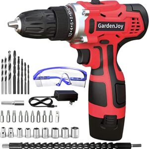 GardenJoy Cordless Power Drill Set: 12V Electric Drill with Battery and Charger, 2 Variable Speed, 24+1 Torque Setting, 3/8-Inch Keyless Chuck, Portable Drill and 30pcs Drill/Driver Bits