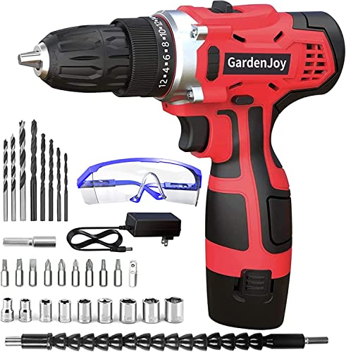 GardenJoy Cordless Power Drill Set: 12V Electric Drill with Battery and Charger, 2 Variable Speed, 24+1 Torque Setting, 3/8-Inch Keyless Chuck, Portable Drill and 30pcs Drill/Driver Bits