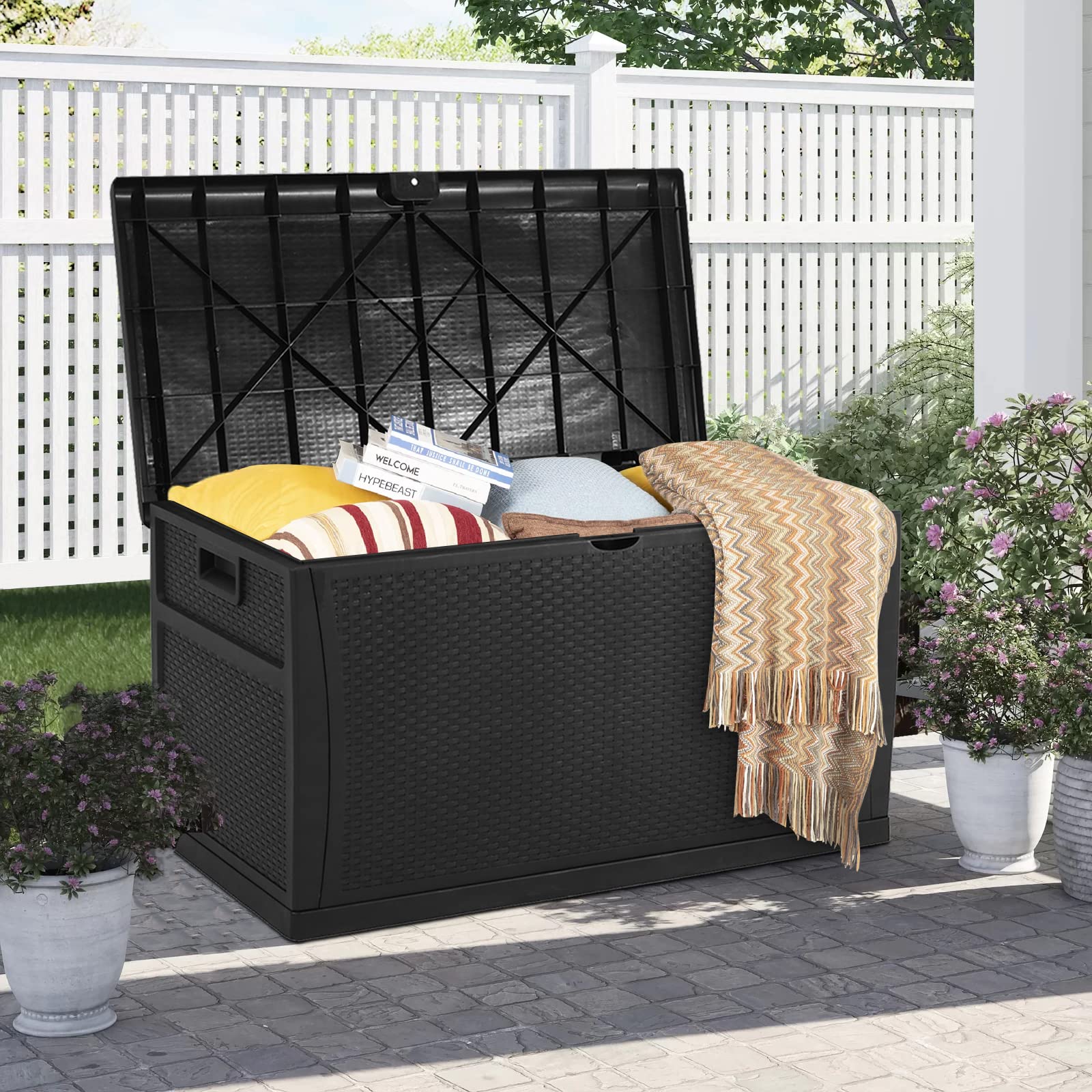 SOLAURA Outdoor Storage Deck Box-120 Gallon Black Wicker Pattern Container Cabinet for Patio Furniture Cushions, Pillows, Garden Tools and Pool Toys