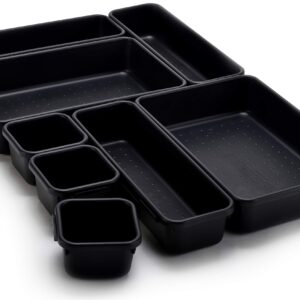 Masirs Interlocking Drawer Organizer Bins, Durable Plastic, Various Sizes for Custom Layout Design, Great for Desk Drawer, Tool Box or Garage Organization, (Black | 8-Piece Set)