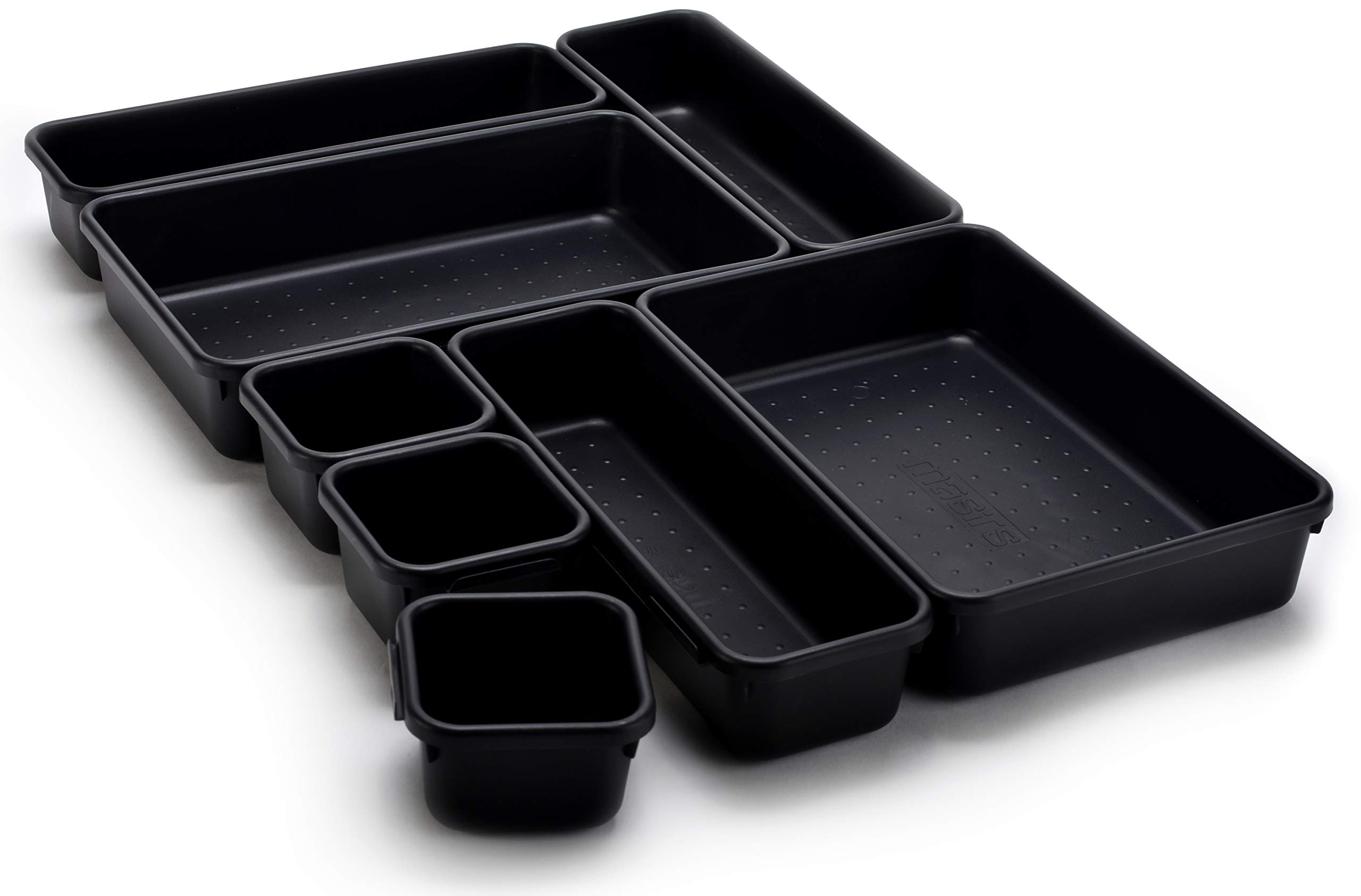 Masirs Interlocking Drawer Organizer Bins, Durable Plastic, Various Sizes for Custom Layout Design, Great for Desk Drawer, Tool Box or Garage Organization, (Black | 8-Piece Set)