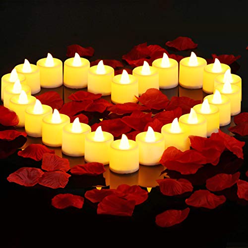 B2LOVER 1000 Pieces Artificial Rose Petals with 24 Pcs Flameless Candles for Romantic Night,Battery Operated Led Candles Valentine's Day Wedding Table Party Anniversary Decor